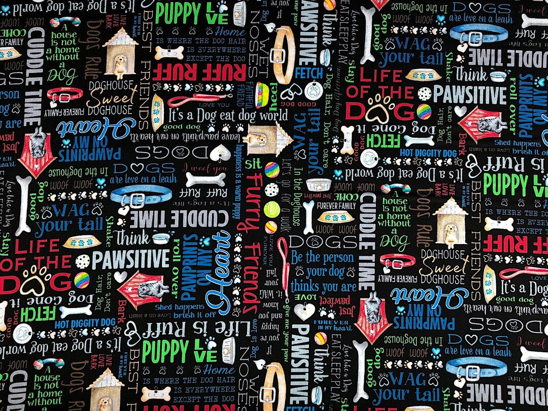 Think Pawsitive Words Black - Dog Fabric - Cotton Fabric - DOG-52 - Etsy