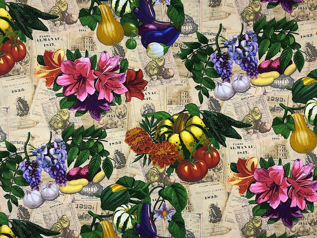Vegetable and Flower Fabric - Old Farmers Almanac - Vegetables on Sepia ...
