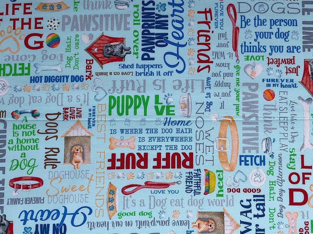 Think Pawsitive Words Light Blue - Dog Fabric - Cotton Fabric - DOG-53 ...