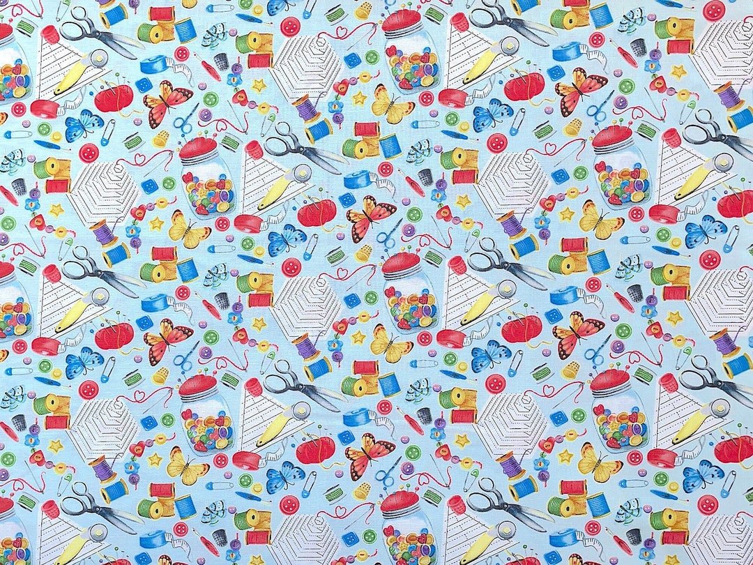 Tossed Sewing Notions - Just Sew Happy - Sewing Themed Fabric - SEW-58 ...