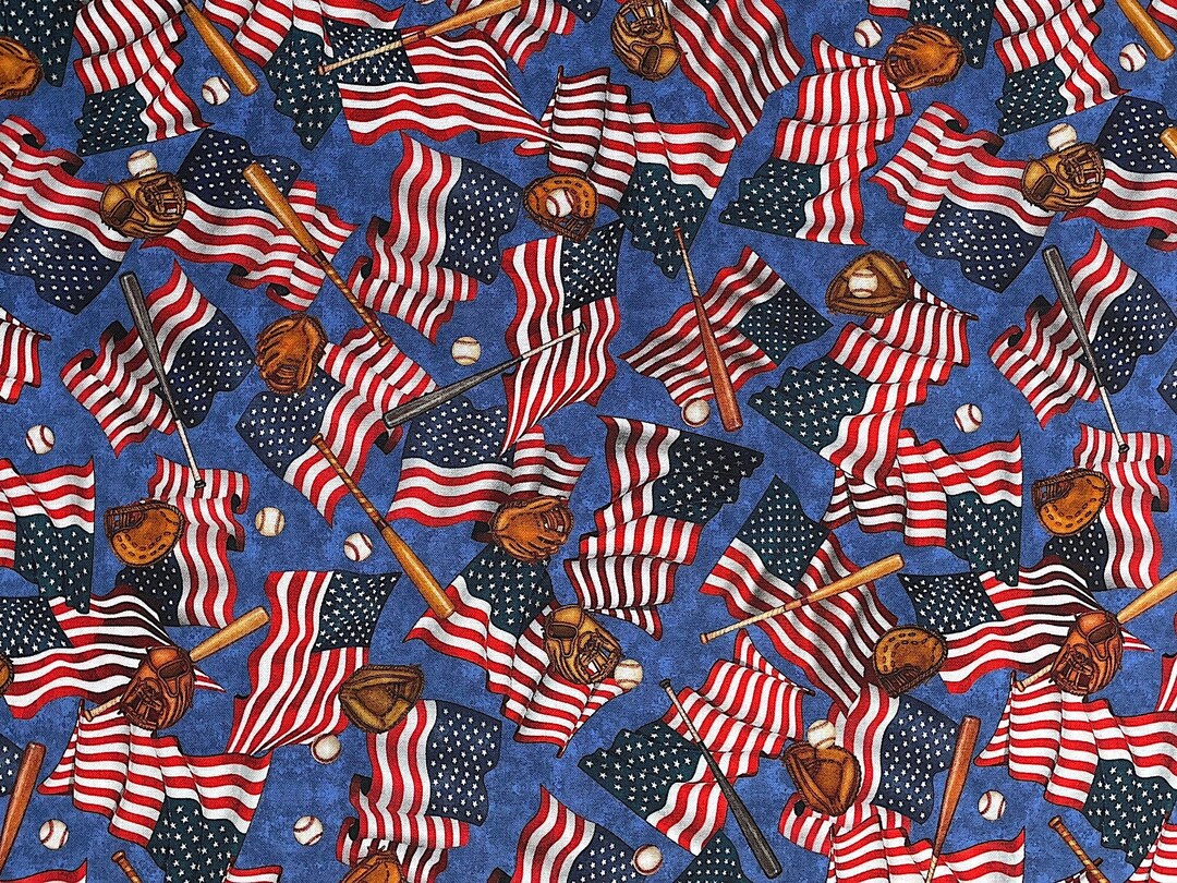 Baseball Fabric - Flags & Baseball Motifs Blue - Americas Pastime ...