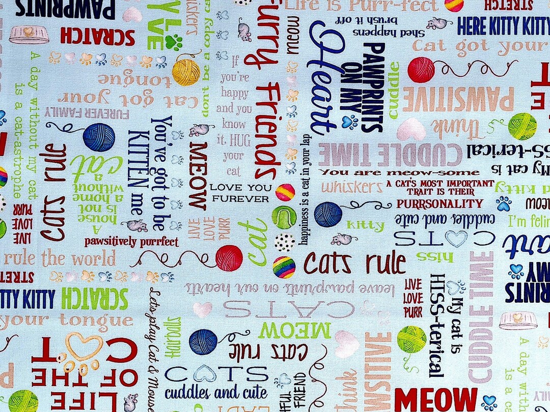 Kitty City Words Blue - Cat Fabric - Cat Sayings - CAT-108 - Etsy