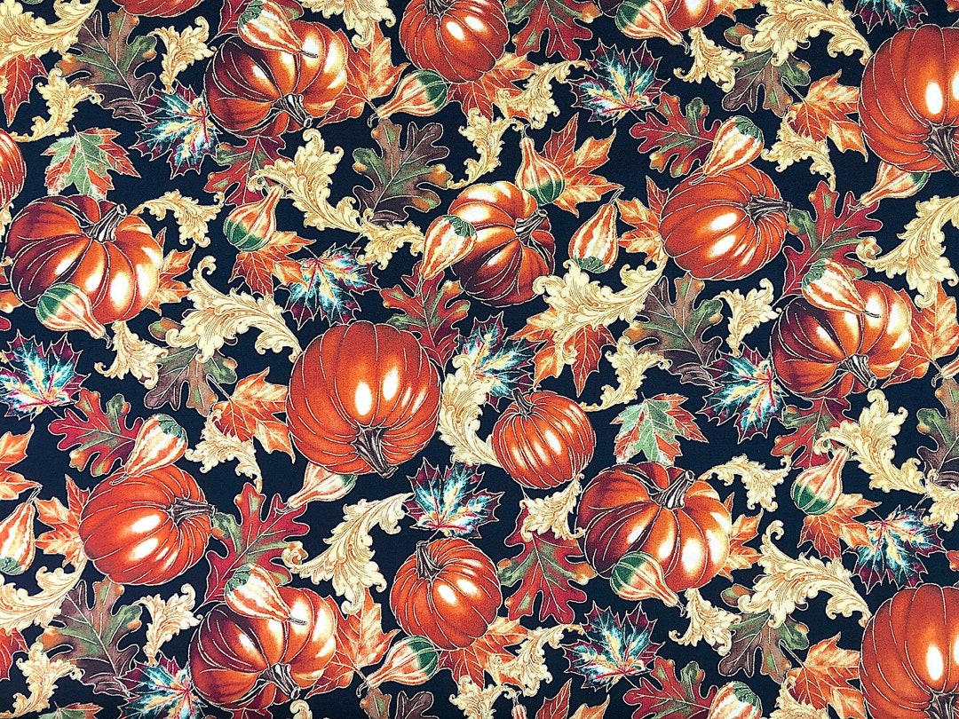 Fall Harvest Metallic Pumpkins and Leaves on Black - Fall Fabric - FALL ...