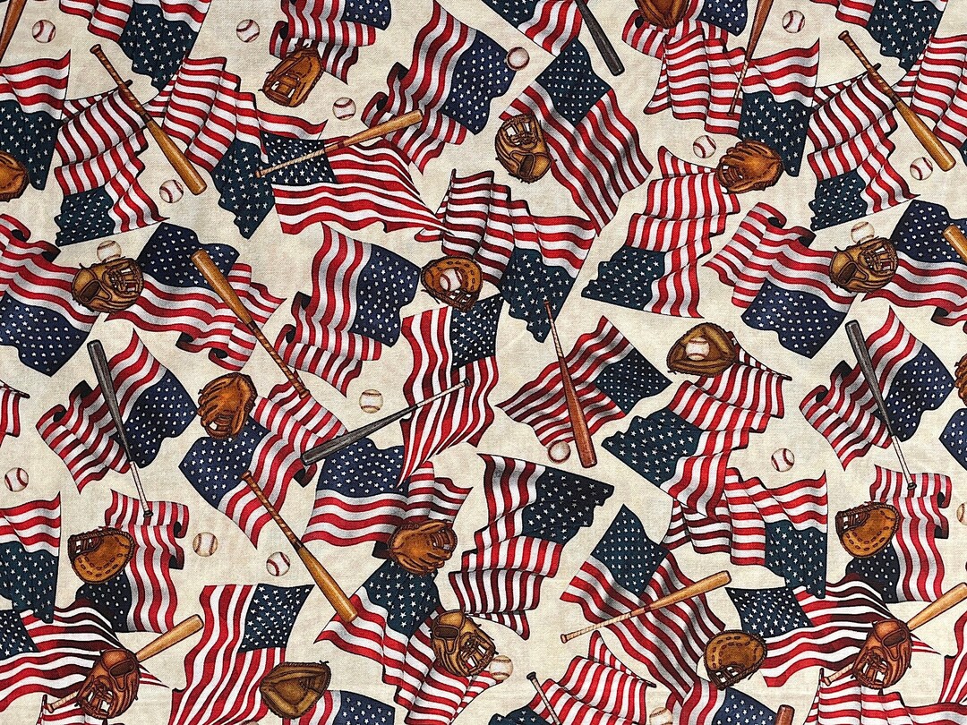 Baseball Fabric - Americas Pastime - Flags & Baseball Motifs Cream ...