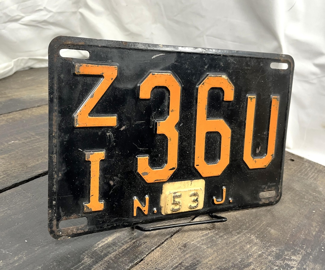 VINTAGE RARE 1953 New Jersey License Plate ZI36U Black W/ Orange ...