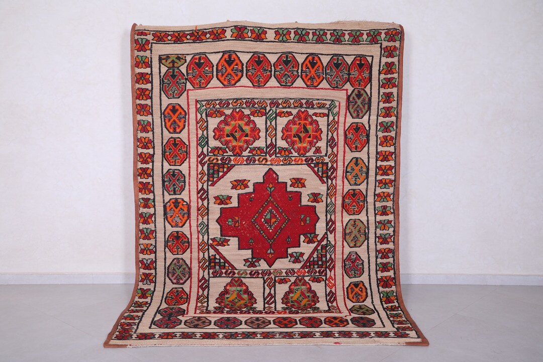 Moroccan Rug Mat 5.8 X 8.3 Feet - Wool and Straw Rug With Leather Trim ...