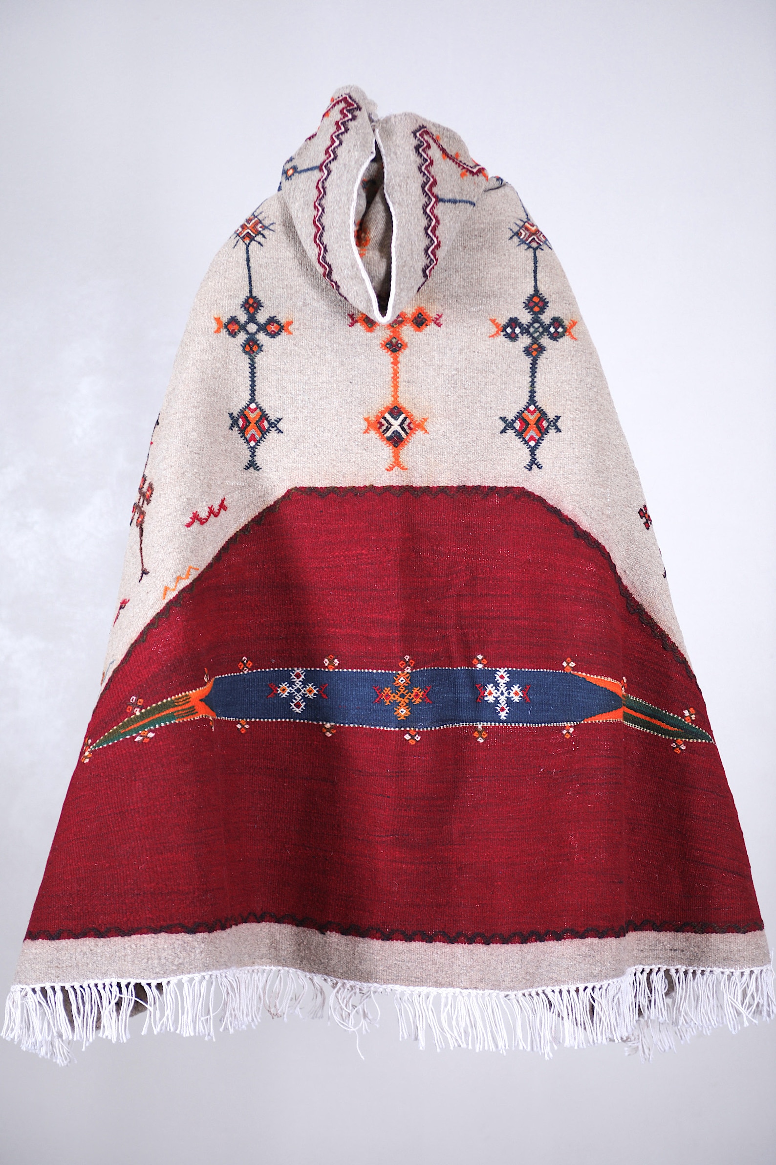 Handwoven Berber Burnous Cape – Gray Red Goat Wool Textile Wall Hanging ...