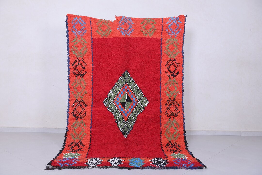 Bold Red Moroccan Wool Rug 5x7.8 Feet – Handmade Berber Tribal Rug With ...