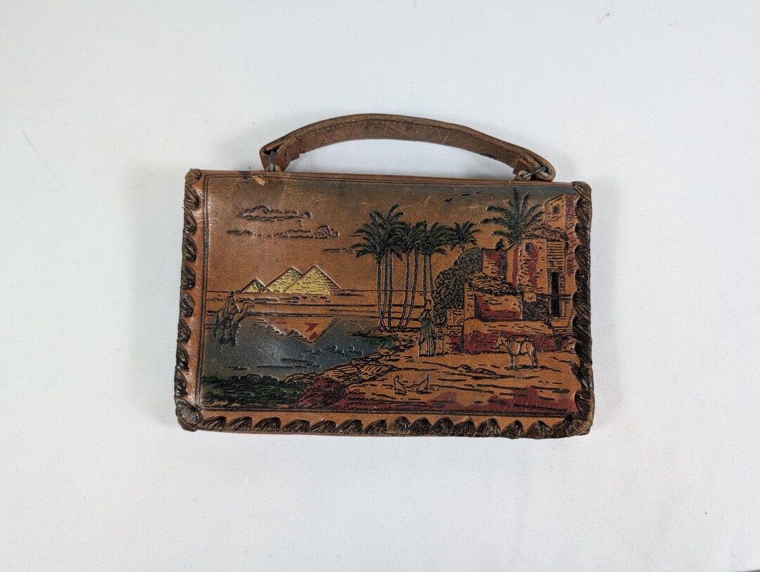 Vintage Egyptian Tooled Leather, Colorful Dyed, Buckstitch Small ...