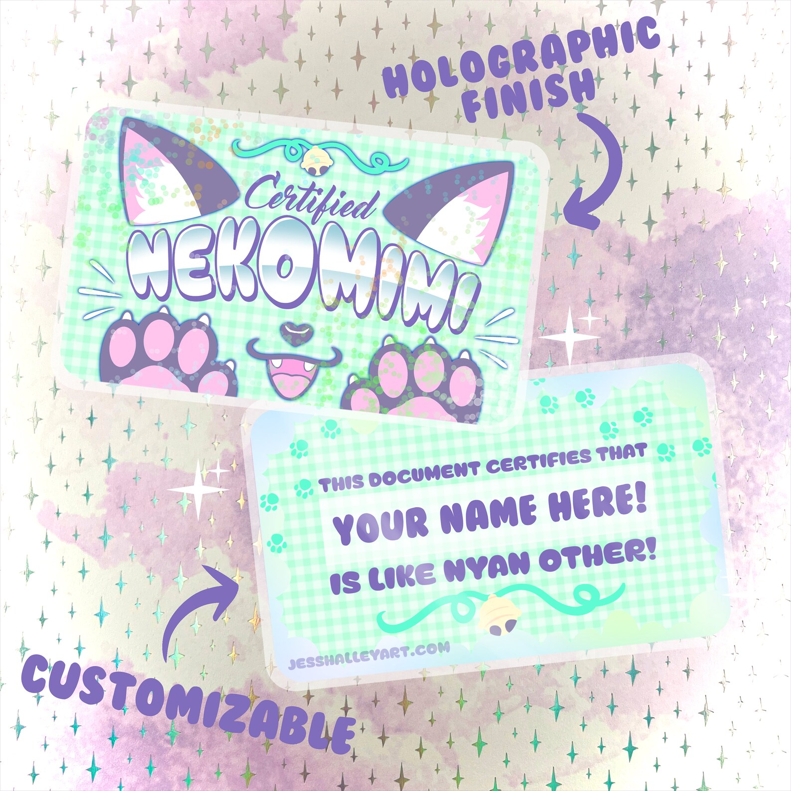 Holographic Kawaii Nekomimi Catgirl Catboy Novelty Permit Card - Etsy