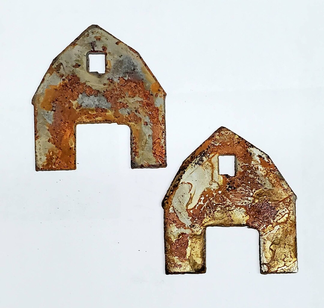 Lot Set of 2 Barn Shapes 3 Inch Rough Rusty Metal Steel Wall Art Home ...