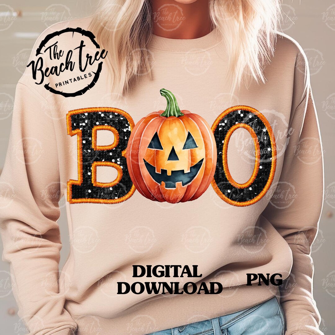 Faux Glitter BOO Watercolor Pumpkin Png, Faux Embroidered Boo PNG ...