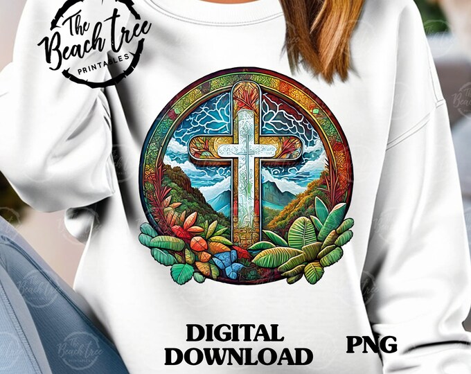Cross Sublimation Design, Stained Glass Botanical Cross, Christian T ...
