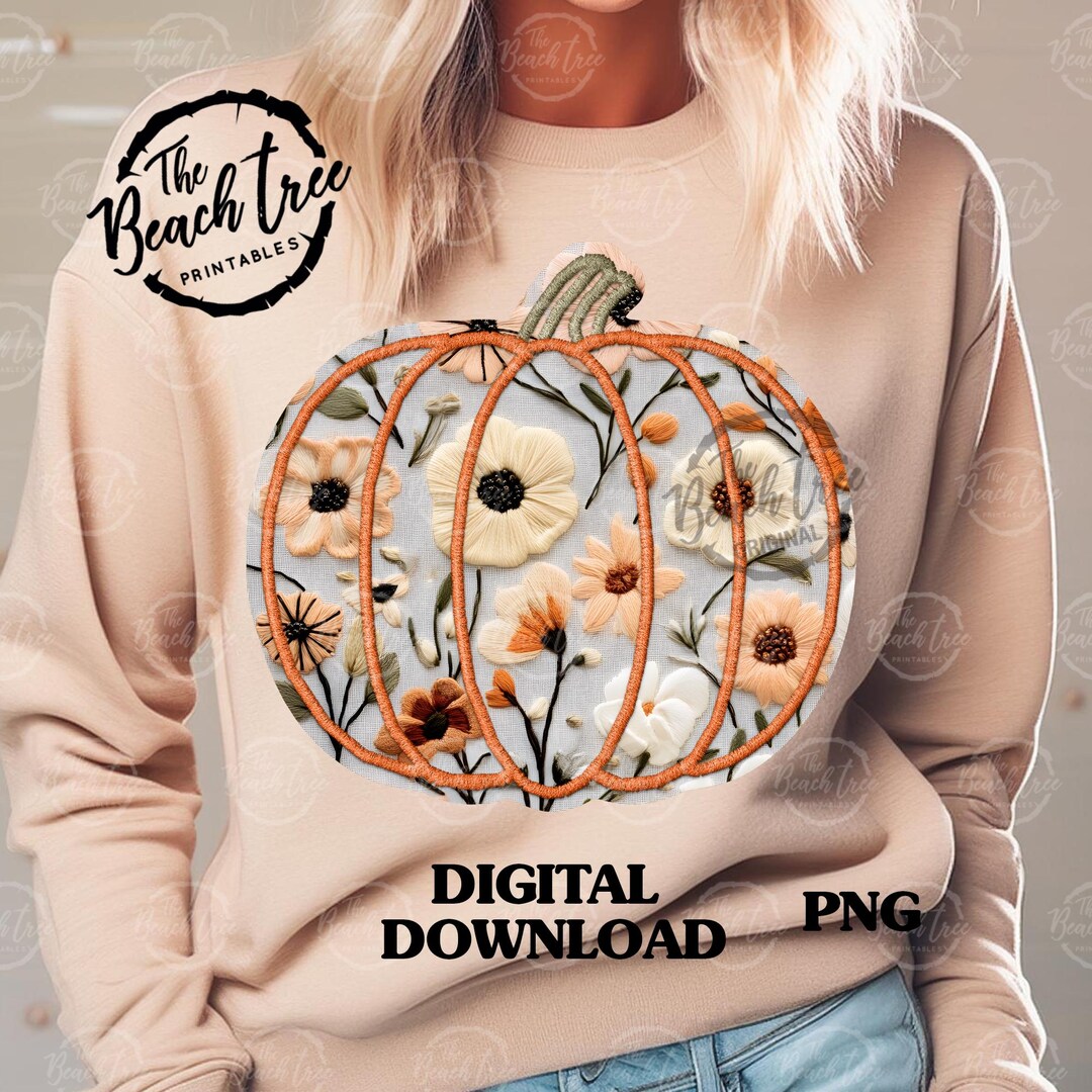 Thanksgiving Boho Flowers Embroidered Pumpkin Png, Embroidered Floral ...