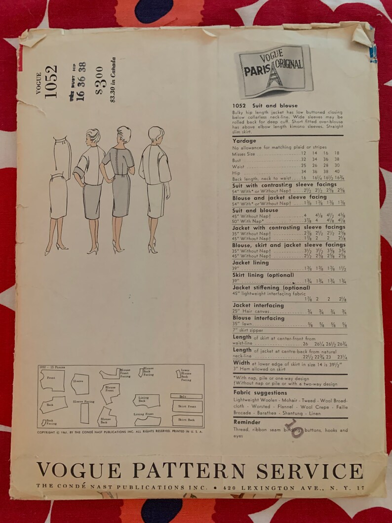 1960s 60s Original Vintage Sewing Vogue Paris Original 1052; Ca. 1961 ...