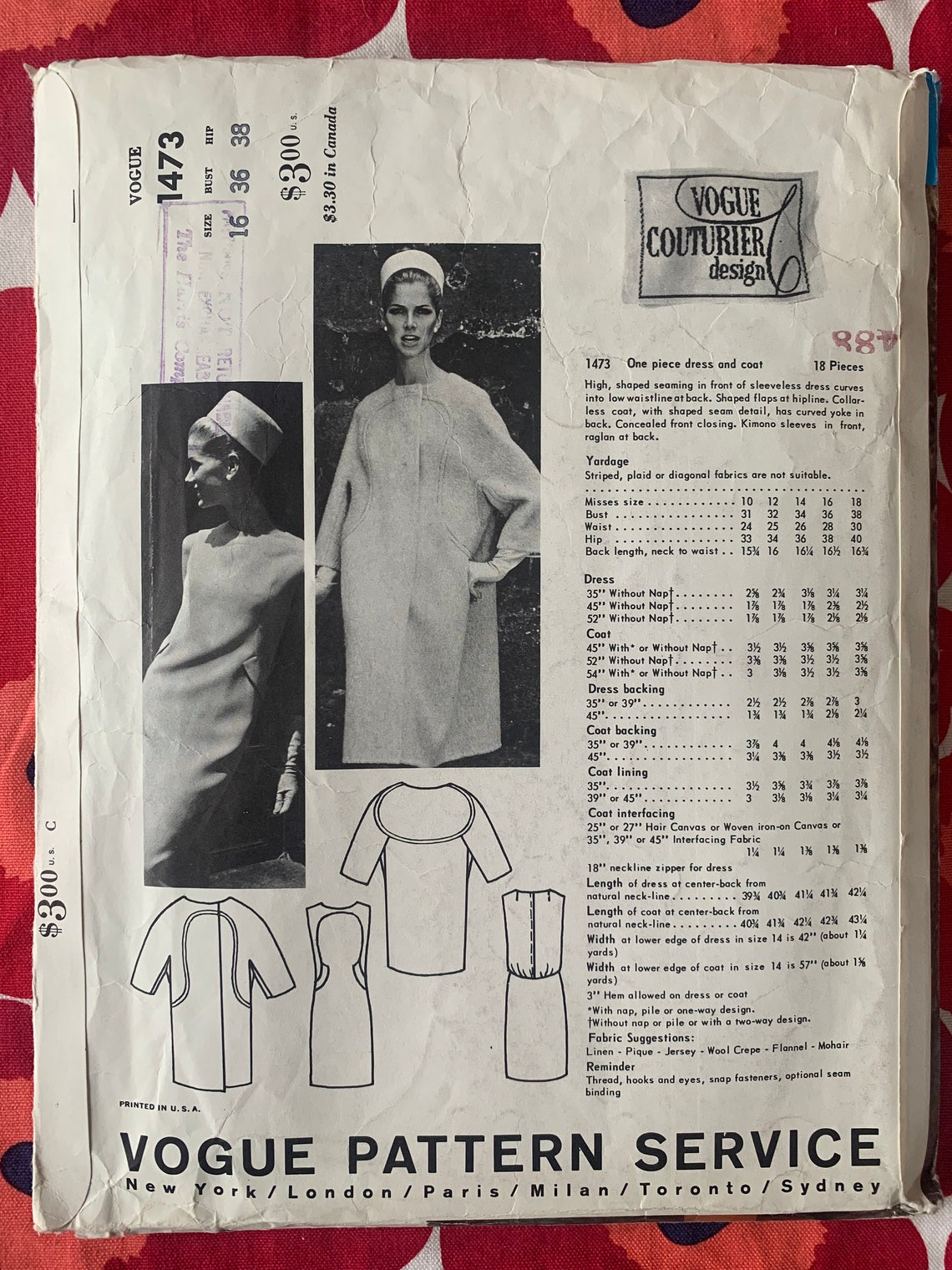 1960s 60s Original Vintage Sewing Pattern Vogue Couturier Vogue ...