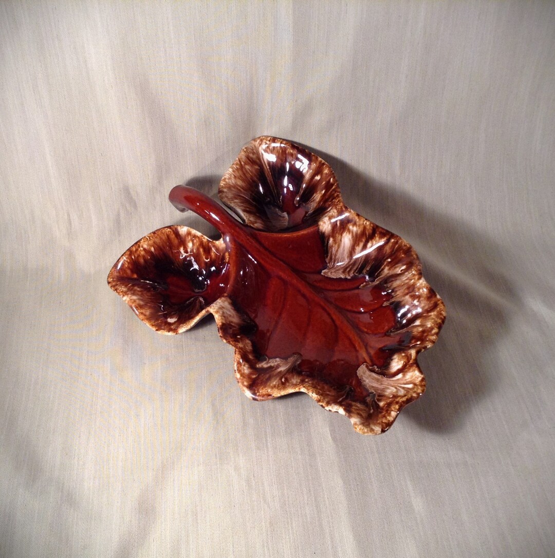 Large Vintage Leaf Shaped Serving Dish, Bowl - Brown Drip Glaze Pottery ...