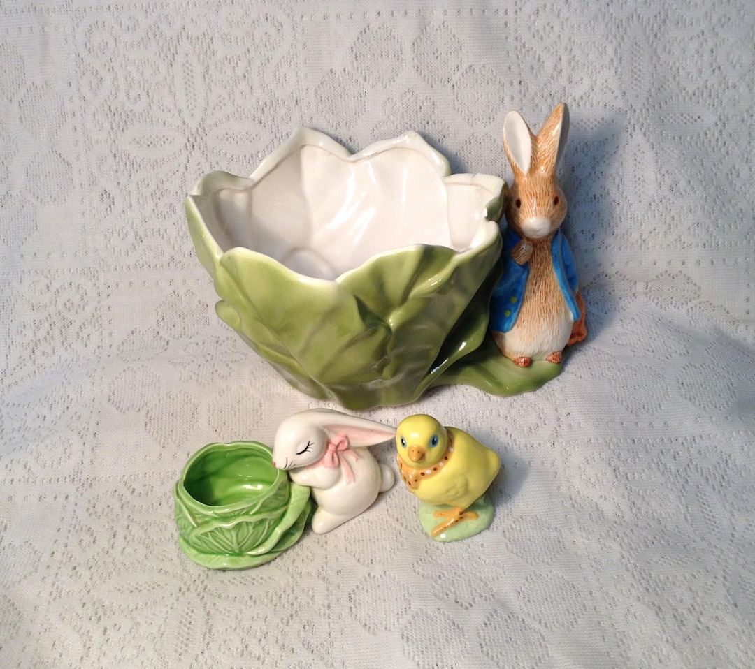 Vintage Ceramic Peter Rabbit Cabbage Planter, Pot, Candy Dish & 2 Small ...