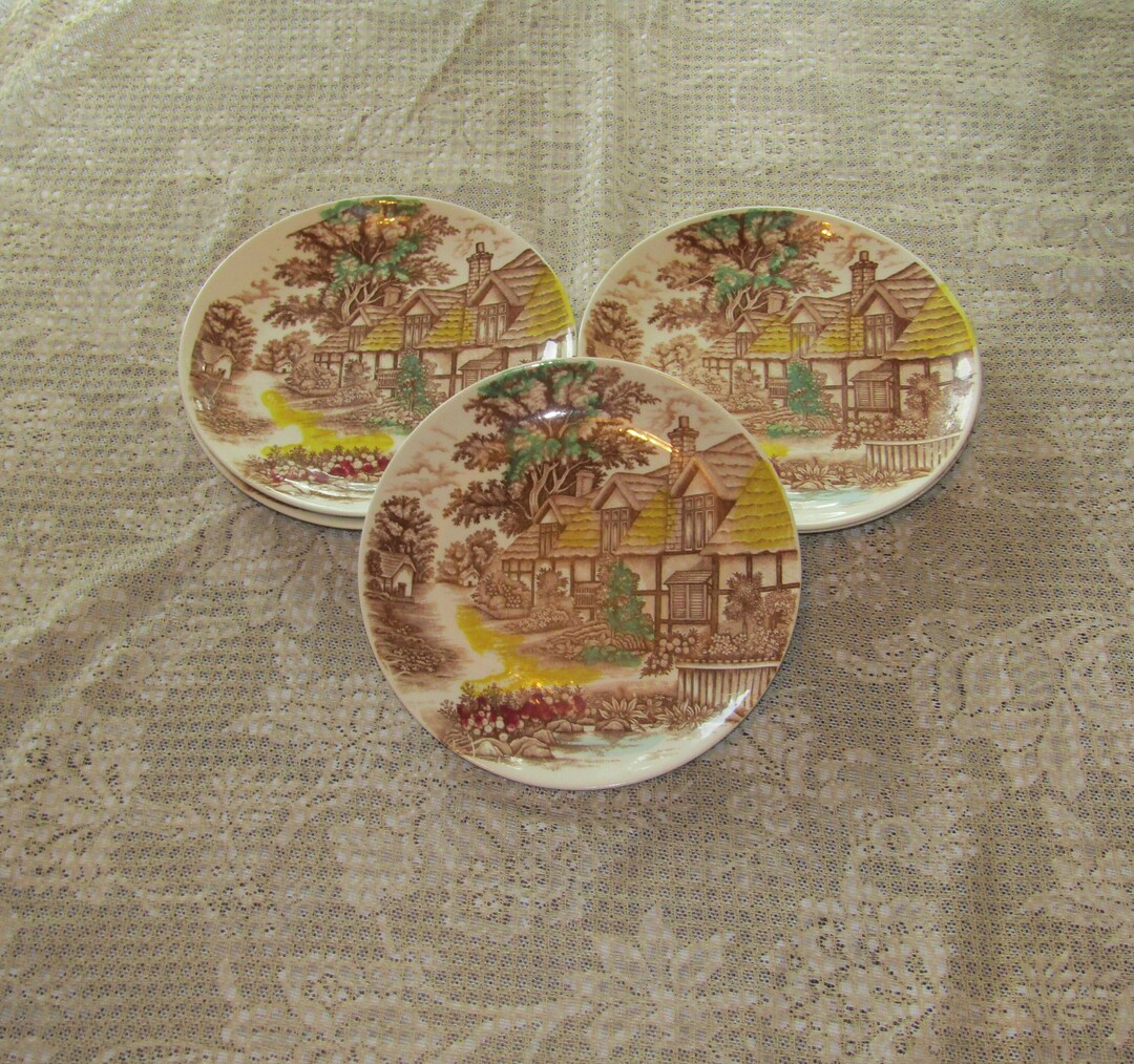 Set of 5 Vintage "english Cottage" Dinner Plates - Light and Dark Brown ...