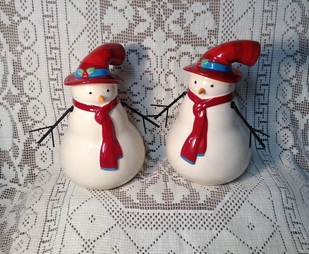 Set of 2 Adorable Snowmen Figurines - Ceramic Snowman With Bulbous Base ...