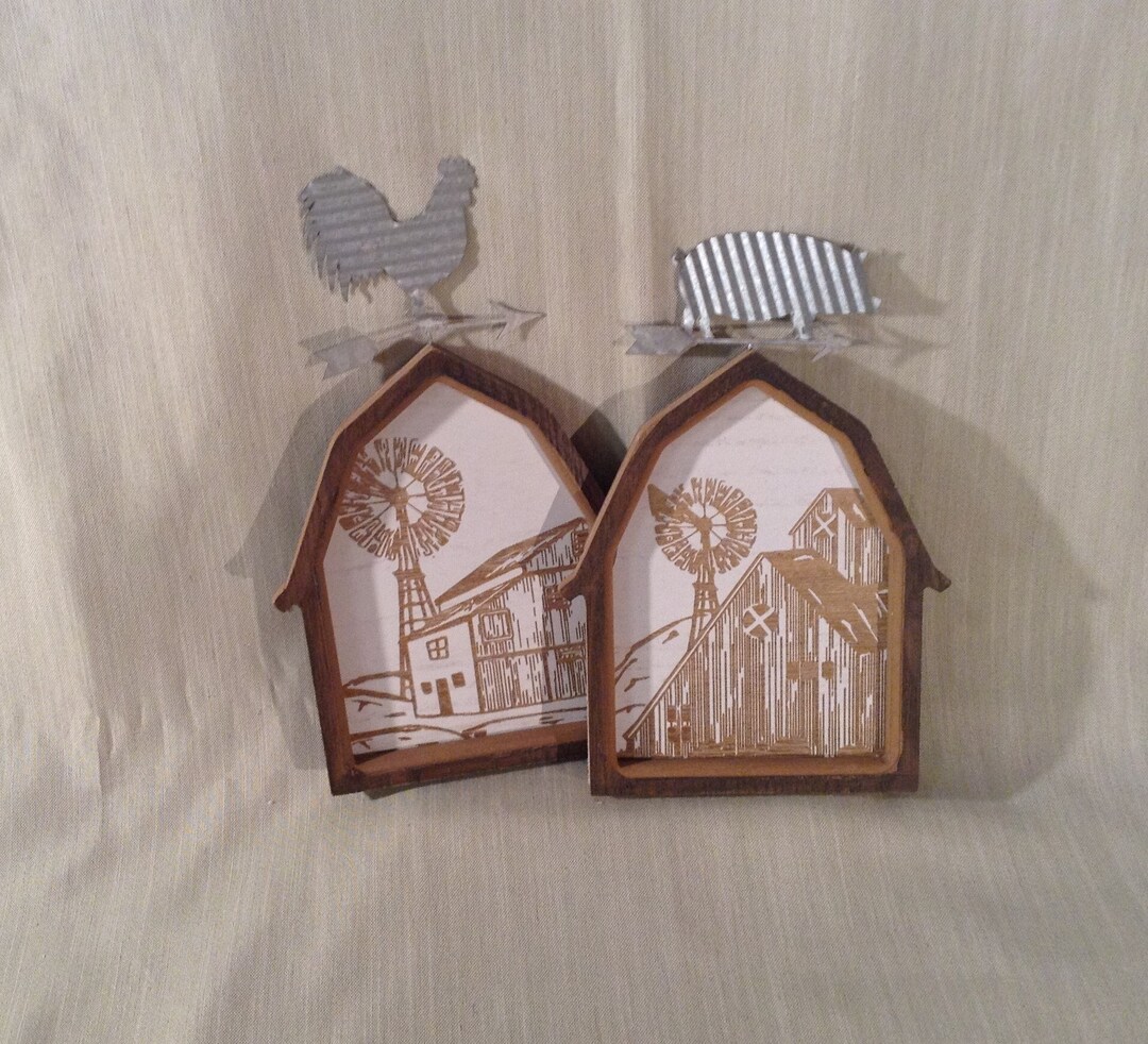 Set of 2 Cute Farmhouse Style Wall Hangings - Wood Barn Shaped Frames ...