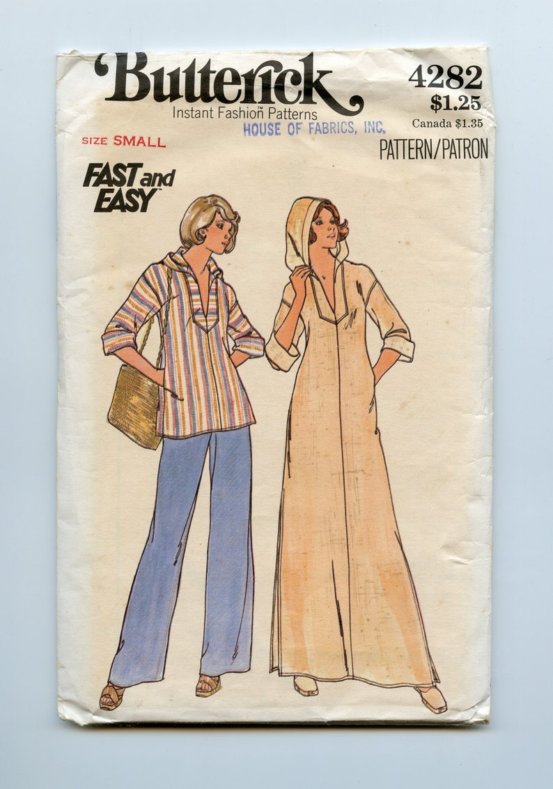 1970s Butterick 4282 Hooded Caftan or Top With Pockets Size 8 to 10 ...