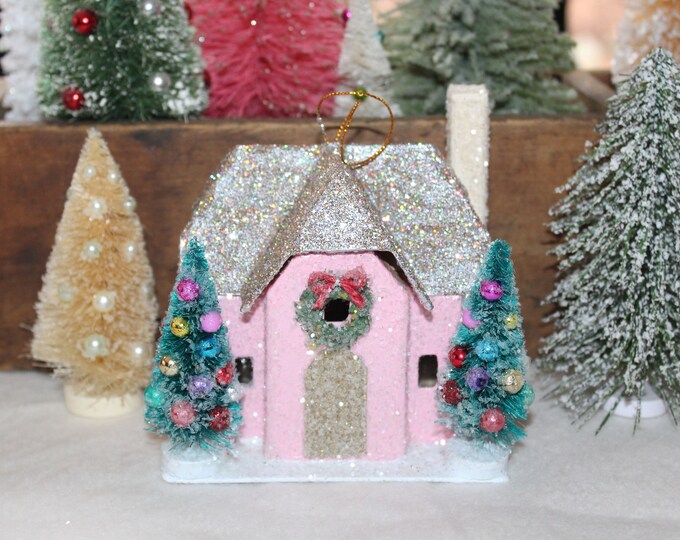 One Pink Vintage Style Hand Painted Glitter Snowy Putz House Ornament ...