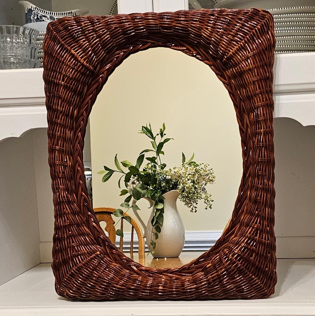Vintage Rattan Wall Mirror: Dark Stain, Rectangular With Oval Mirror ...