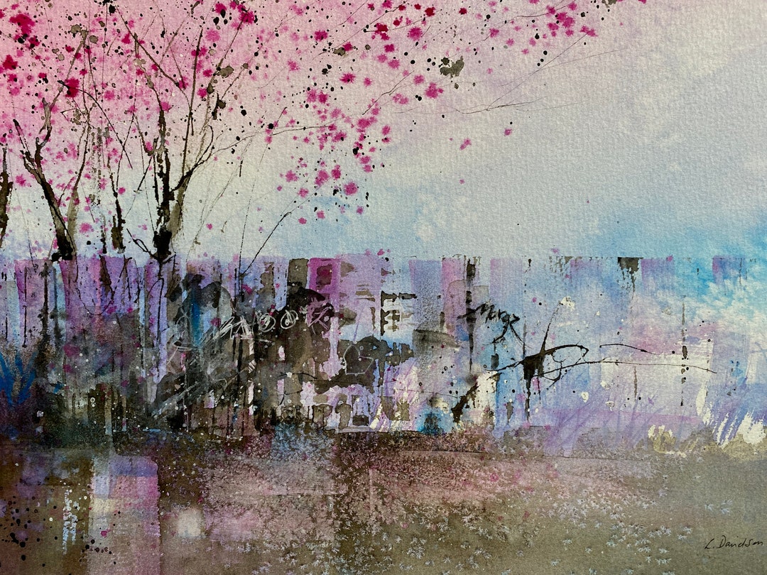 Cherry Blossom Time. Original Watercolour Urban Landscape Painting by ...