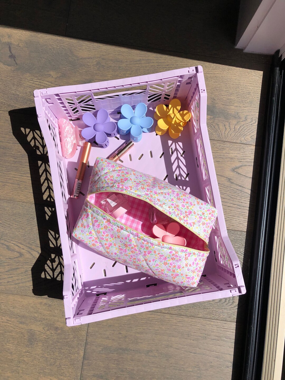 Handmade Quilted Makeup Bag - Pink Orange Yellow Floral Gingham ...