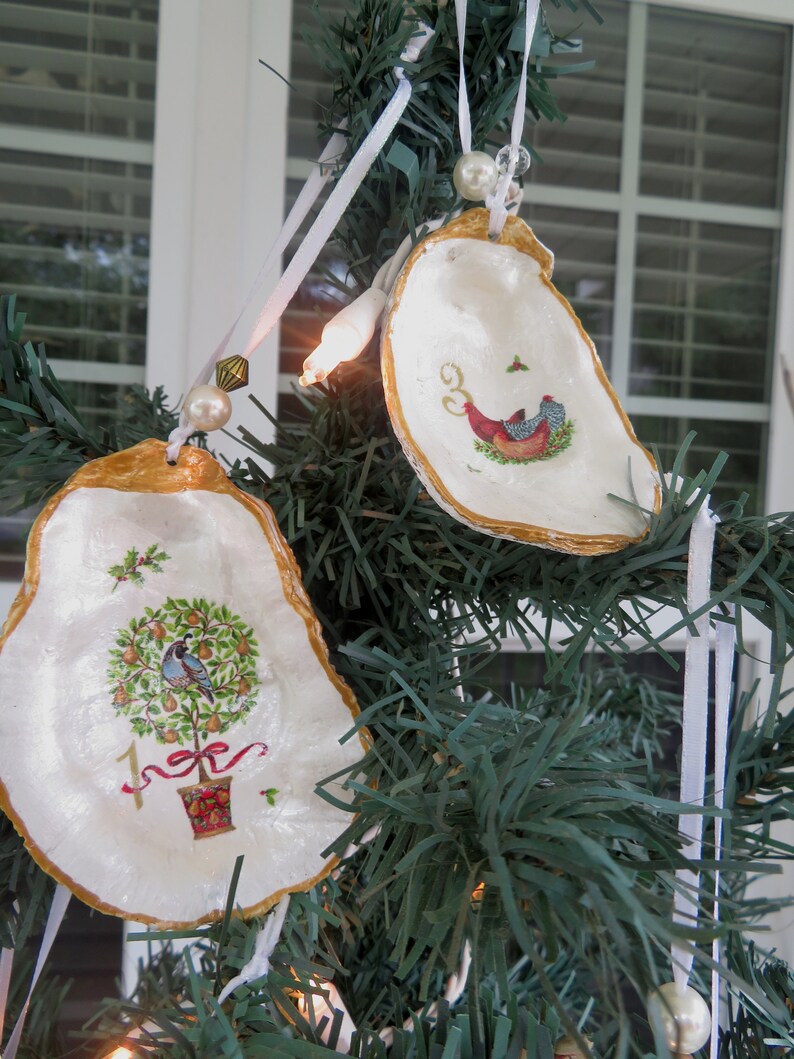 12 Days of Christmas Decoupage Oyster Shell Ornaments FREE - Etsy