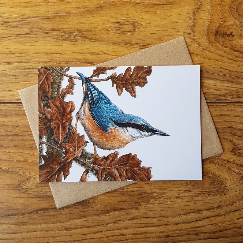 CARD Nuthatch and Oak Nature Art UK Wildlife Watercolour Ink Woodland ...