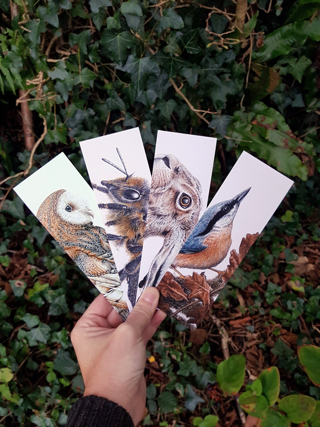 BOOKMARKS Set of 4 Animal Art Wildife Art Owl Nuthatch Bee Hare Gifts ...