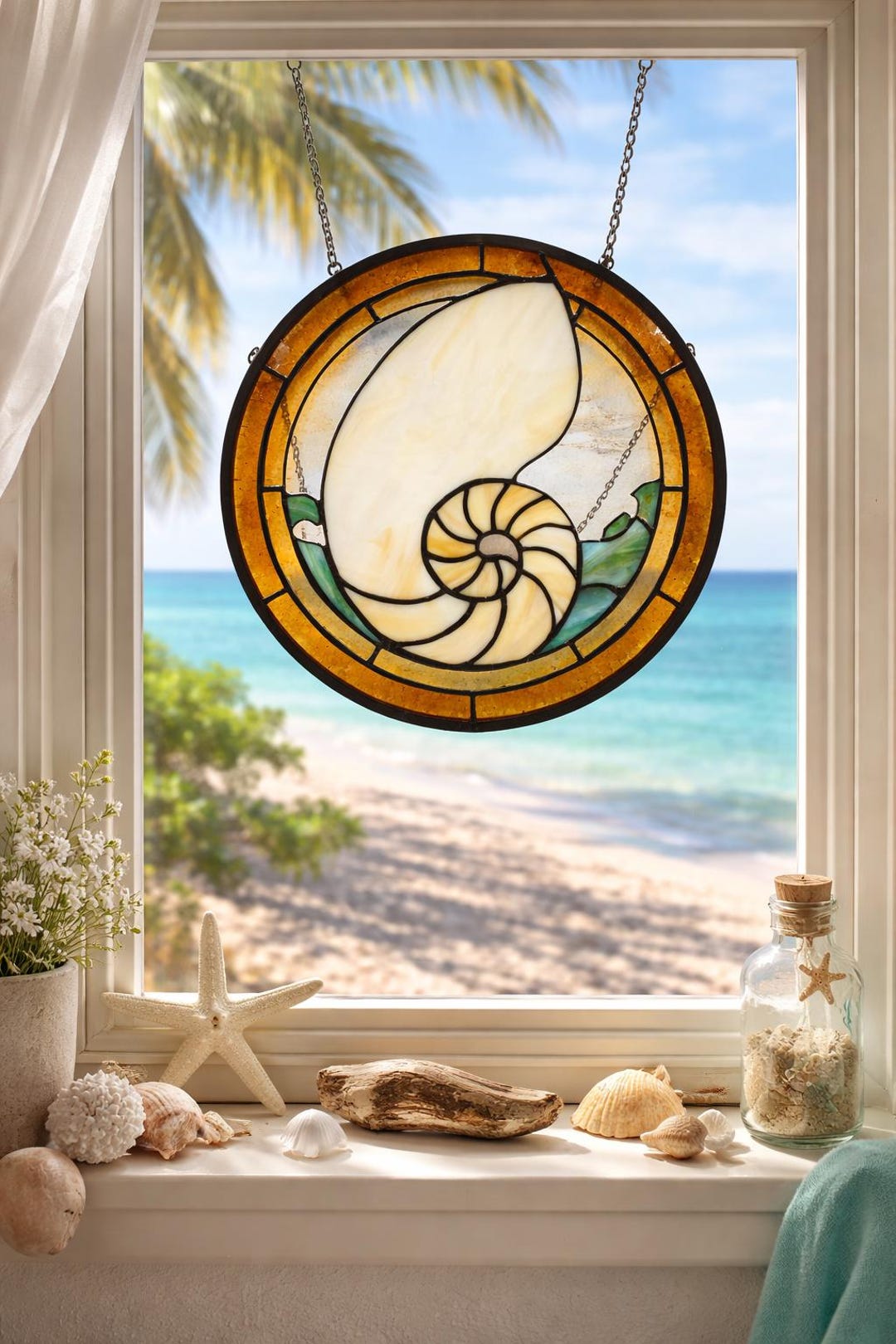 Stained Glass Nautilus Shell Suncatcher Handmade Coastal Window Hanging ...
