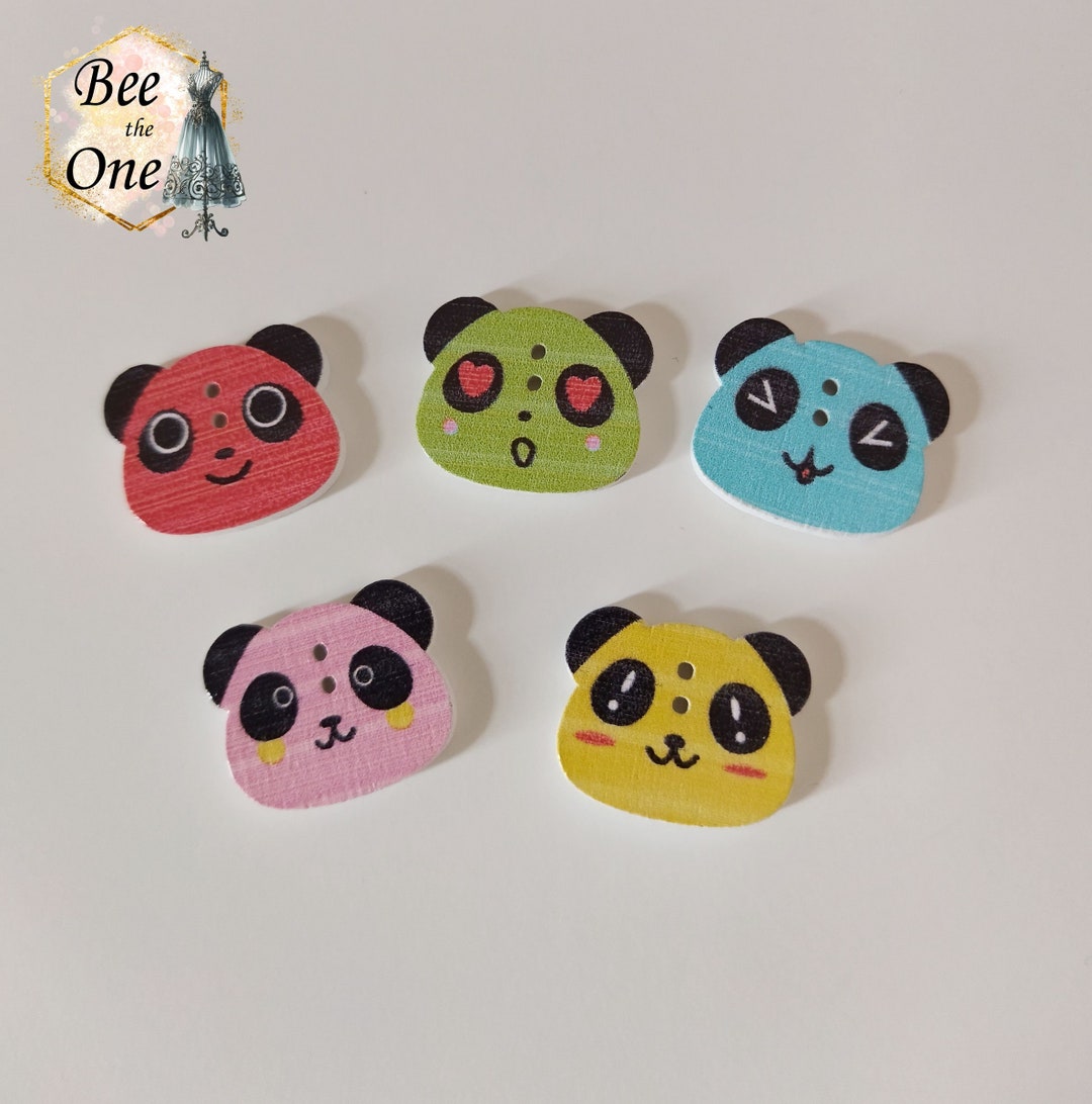 Set of 4 Colorful Wooden Emoticon Panda Head Buttons - 22 Mm - 5 Colors ...