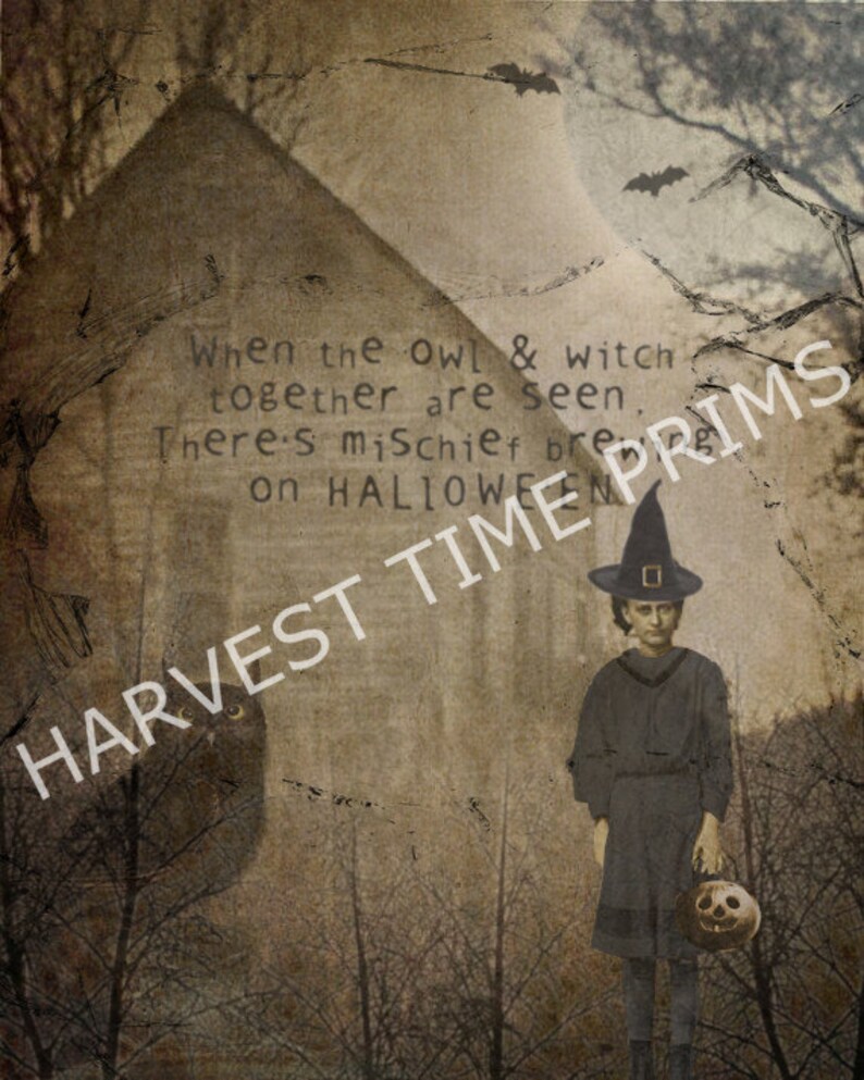 Halloween Digital Art Collage Witch and Owl Instant Download U-print ...