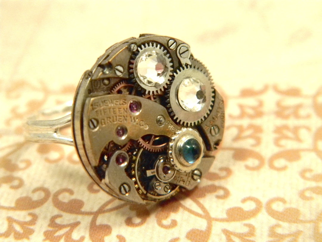 Beautiful Upcycled Antique Gruen Watch Movement Ring. Embellished ...