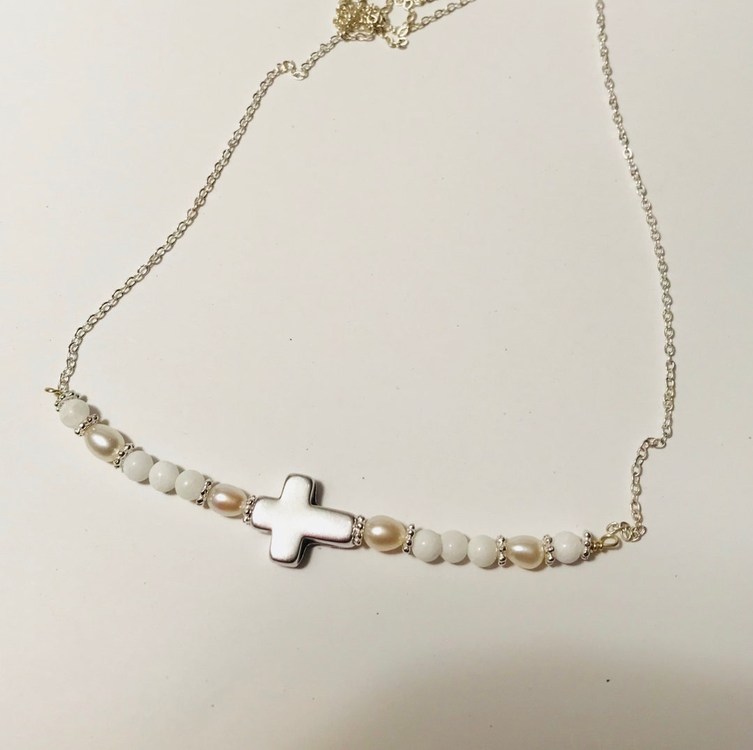 Chain Confirmation or Communion Silver Cross With Jade and Small ...