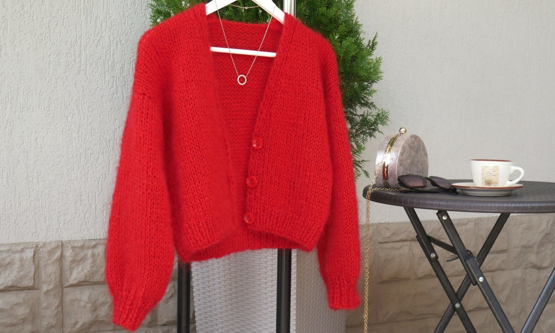 Red Mohair Bomber Cardigan With Buttons, Loose Knit Sweater, Boxy ...