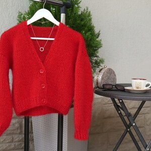 Red Mohair Bomber Cardigan With Buttons, Loose Knit Sweater, Boxy ...