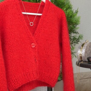 Red Mohair Bomber Cardigan With Buttons, Loose Knit Sweater, Boxy ...