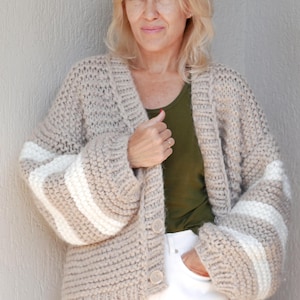 Baggy Beige Cardigan, Bulky Cardigan, Wool Cardigan With Buttons, Hand ...
