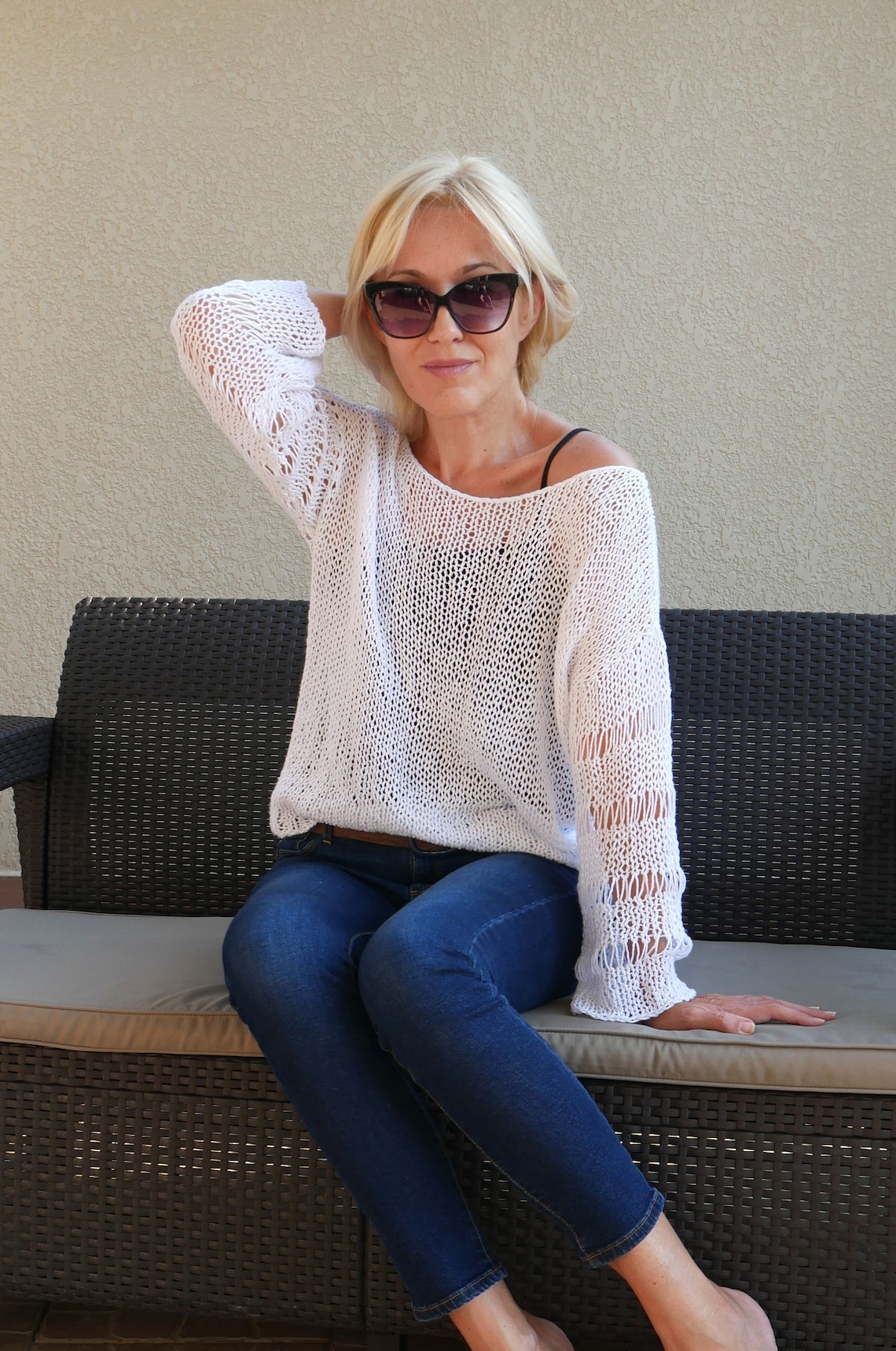 White Cotton Knit Sweater off Shoulder Top Summer Cotton | Etsy