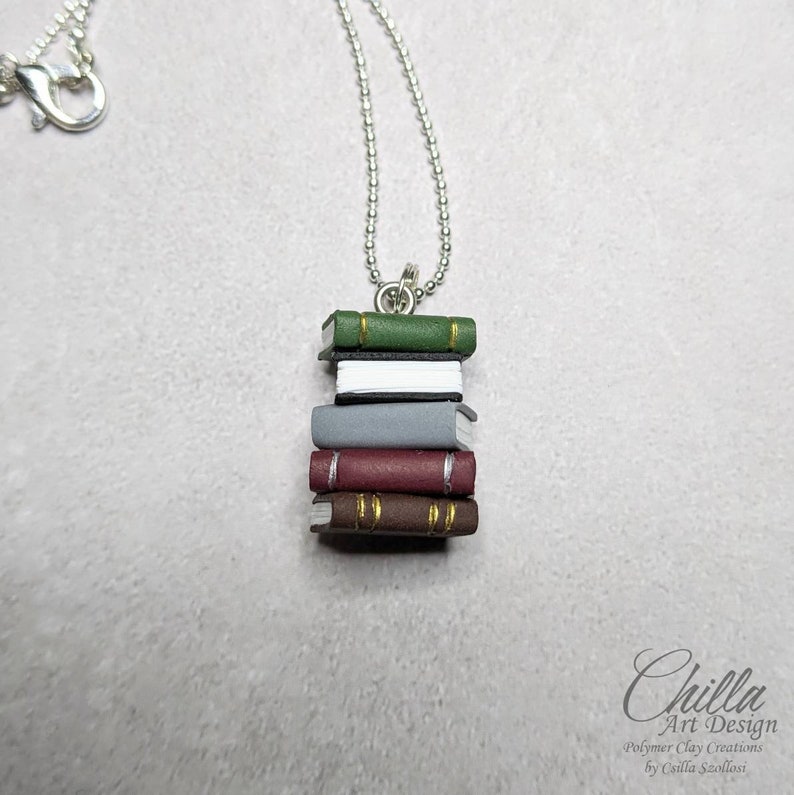 Vintage Book Stack Polymer Clay Hand Sculpted Miniature Necklace ...
