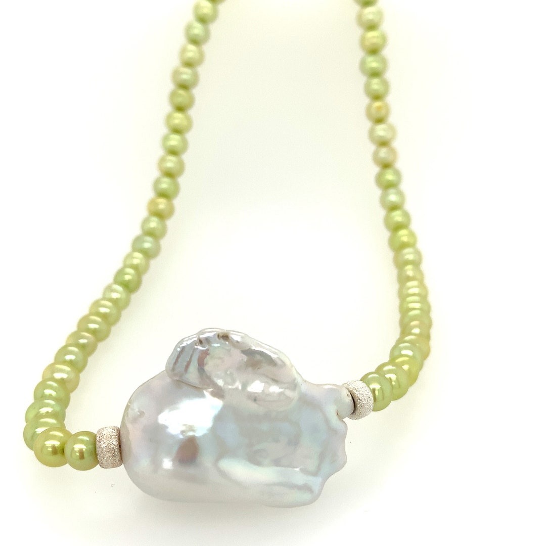 Green Pearl Necklace — Lime Green Freshwater Pearl Necklace Featuring a ...