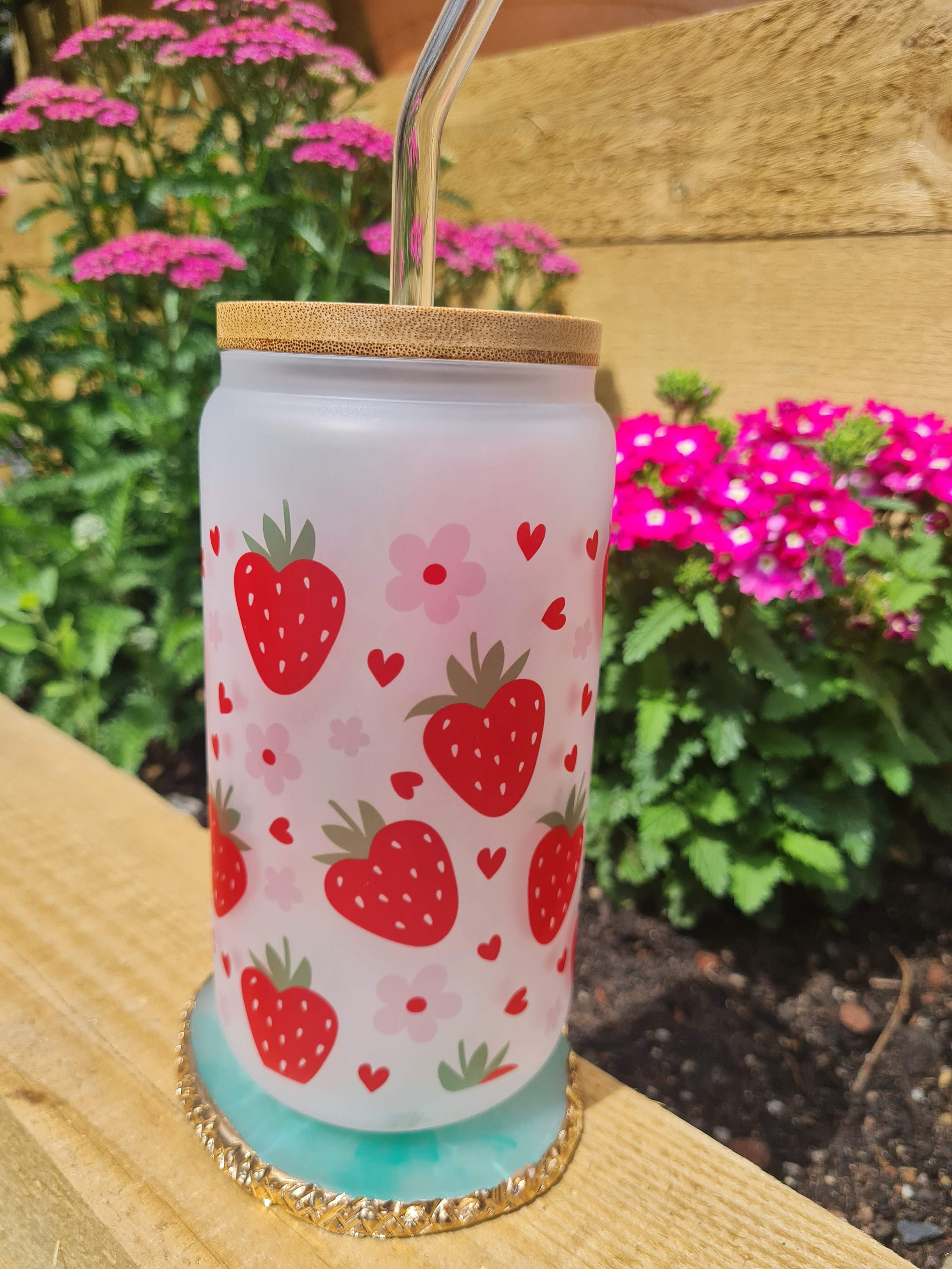 Strawberry Floral Frosted Glass Libby Beer Can Bamboo Lid With Straw ...