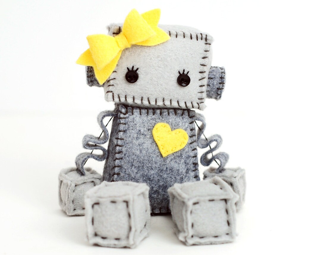 Plush Robot Girl With Bow and Heart Pick Your Color Robot Plush Doll ...