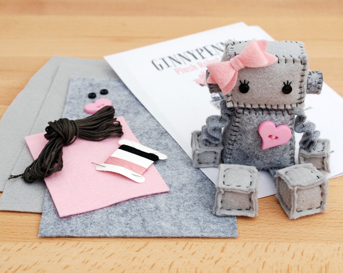 Sewing Kit for a Plush Robot With a Pink Heart and Bow DIY - Etsy
