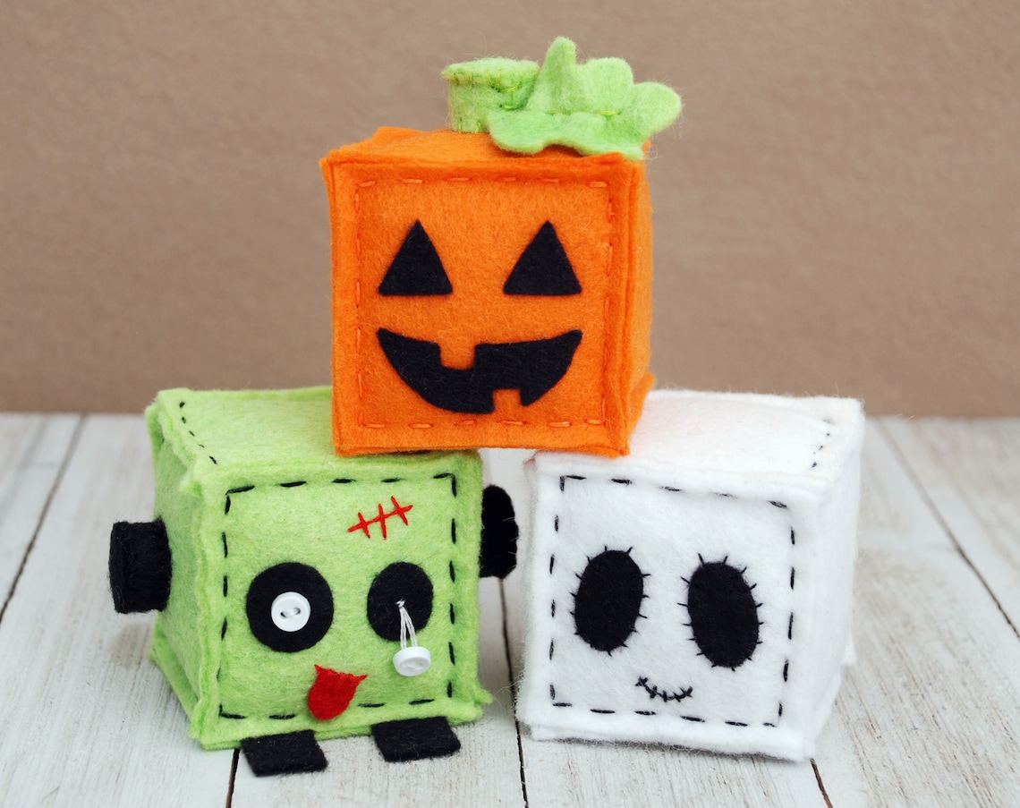 Halloween Felt Cube Plush Trio – Handmade Zombie, Ghost, Jack O'lantern ...