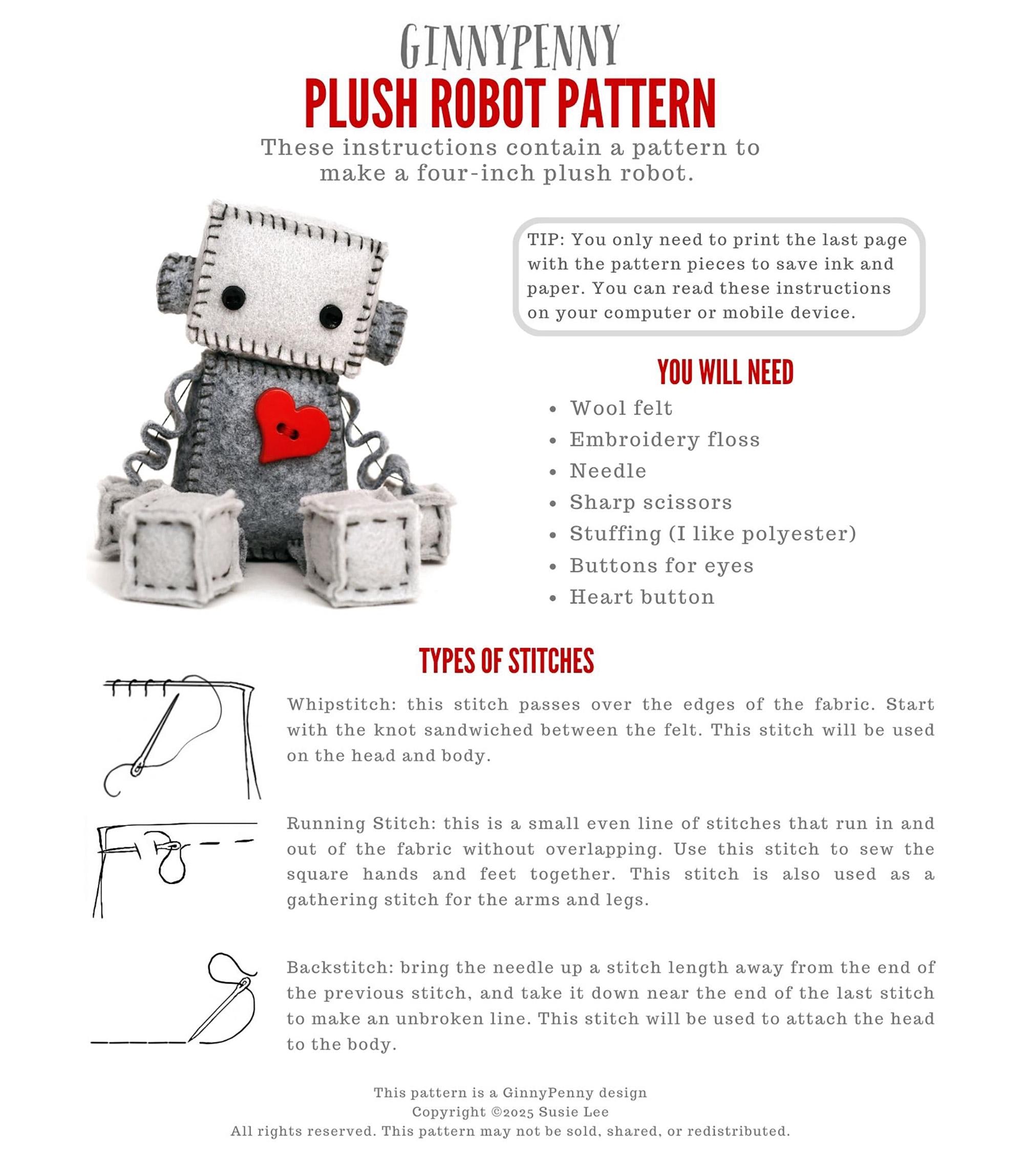 Felt Robot Plush Pattern PDF - Instant Download - DIY Stuffed Plushie ...